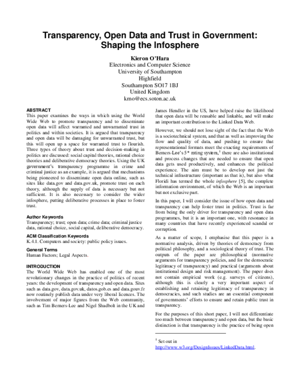 (PDF) Transparency, open data and trust in government