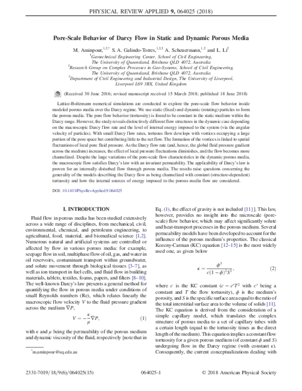 (PDF) Pore-Scale Behavior of Darcy Flow in Static and Dynamic Porous Media
