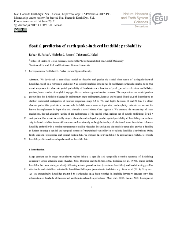 Pdf Spatial Prediction Of Earthquake Induced Landslide Susceptible
