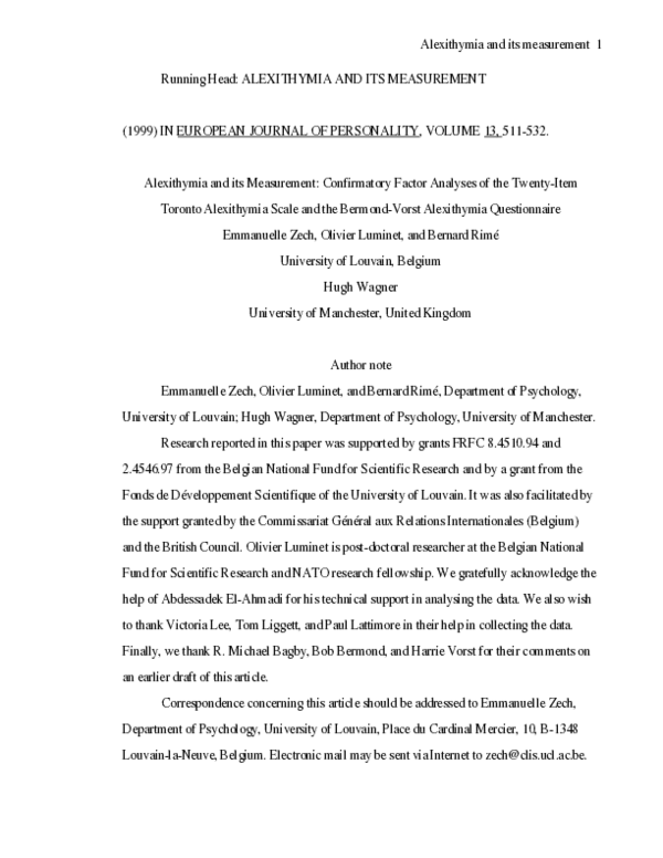 (PDF) Alexithymia and its measurement: confirmatory factor analyses of ...