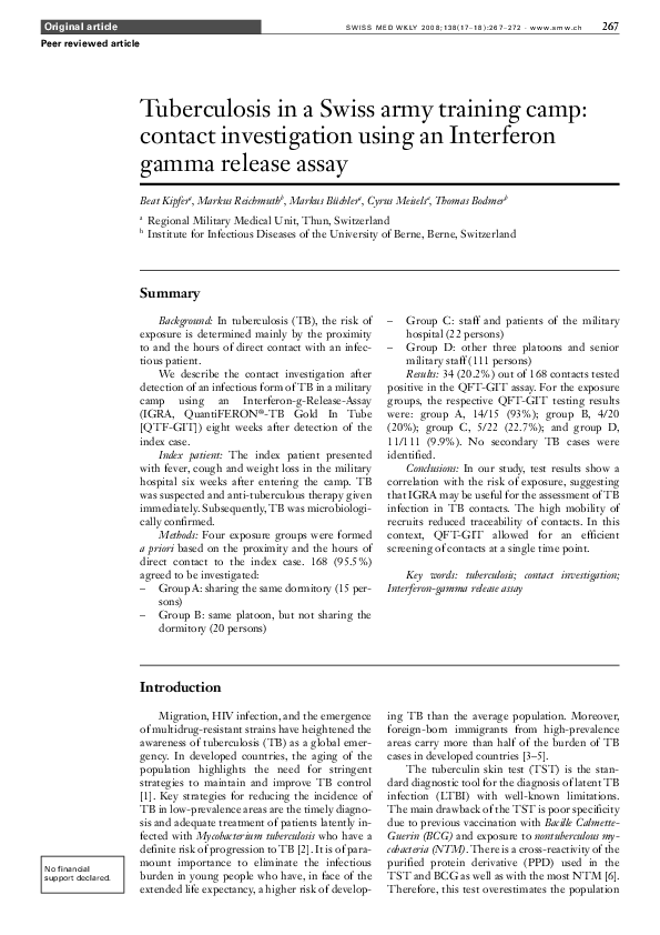 (PDF) Tuberculosis in a Swiss army training camp: contact investigation ...
