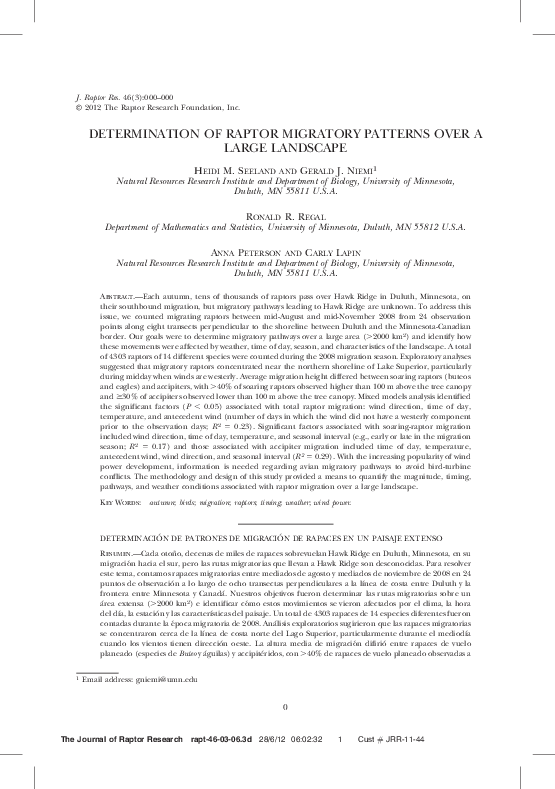 (PDF) Determination of Raptor Migratory Patterns Over a Large Landscape