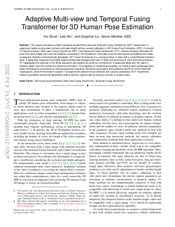 Pdf Adaptively Multi View And Temporal Fusing Transformer For 3d Human Pose Estimation