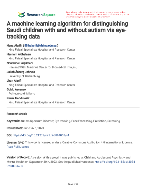 (PDF) A machine learning algorithm for distinguishing Saudi children with and without autism via ...