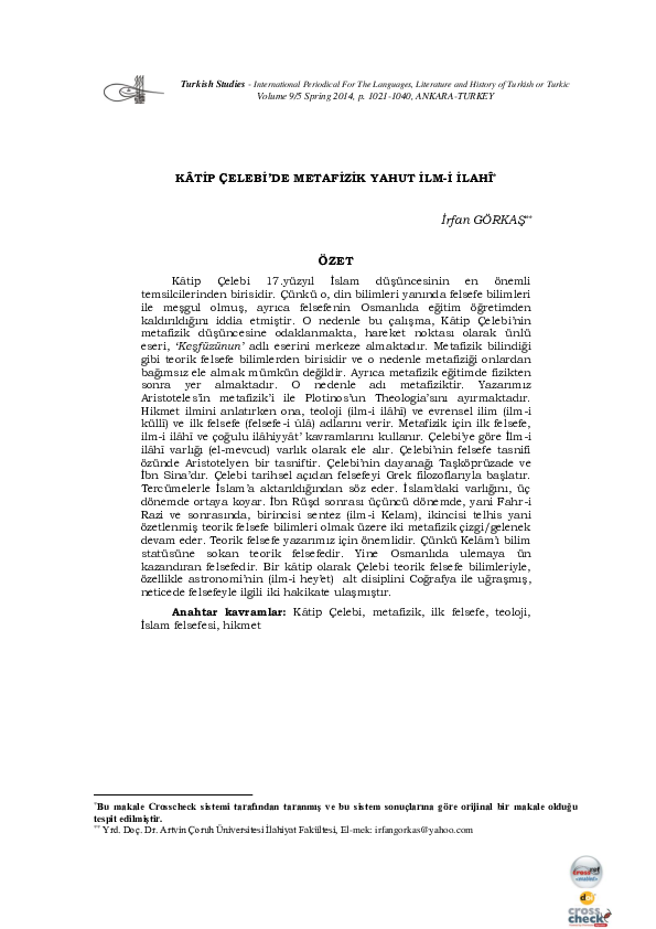 (PDF) Kâtip Çelebi'de Metafizik Yahut İlm-i İlahî