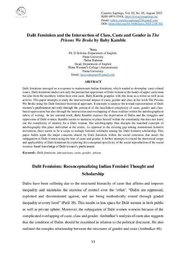 (PDF) Dalit Feminism and the Intersection of Class, Caste and Gender in ...