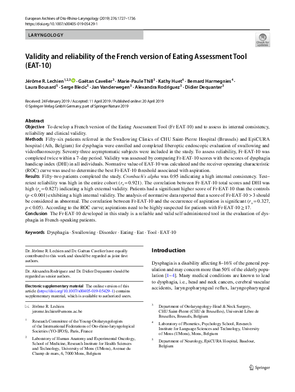 (PDF) Validity and reliability of the French version of Eating Assessment Tool (EAT-10)