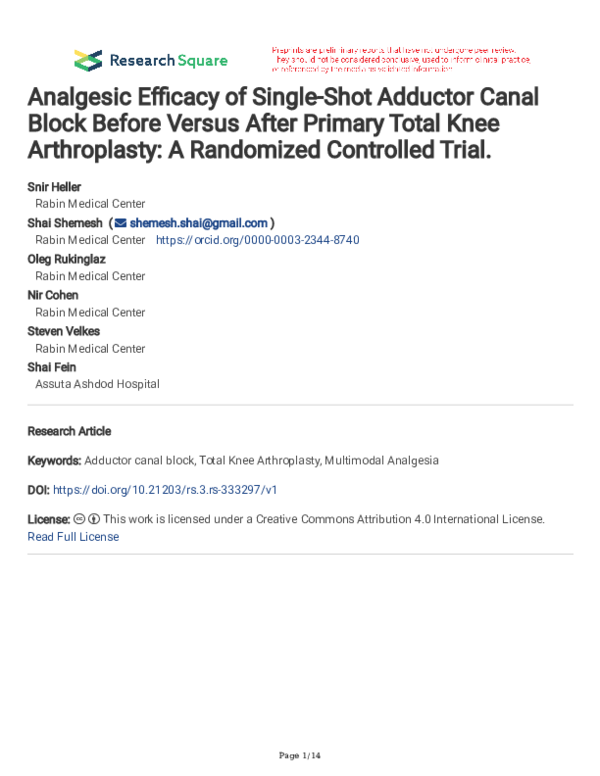 (PDF) Analgesic Efficacy of Single-Shot Adductor Canal Block Before ...