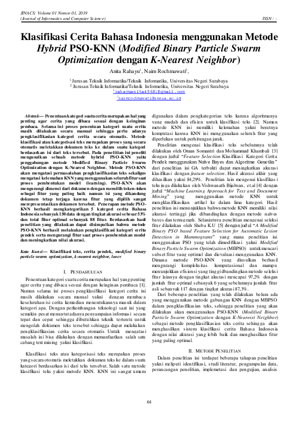 (PDF) Klasifikasi Cerita Bahasa Indonesia menggunakan Metode Hybrid PSO-KNN (Modified Binary ...