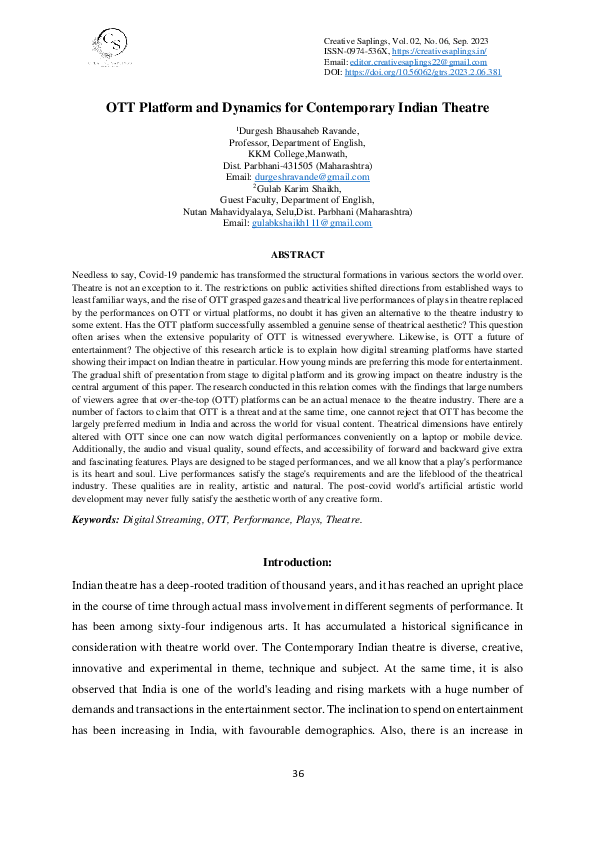 (PDF) OTT Platform and Dynamics for Contemporary Indian Theatre