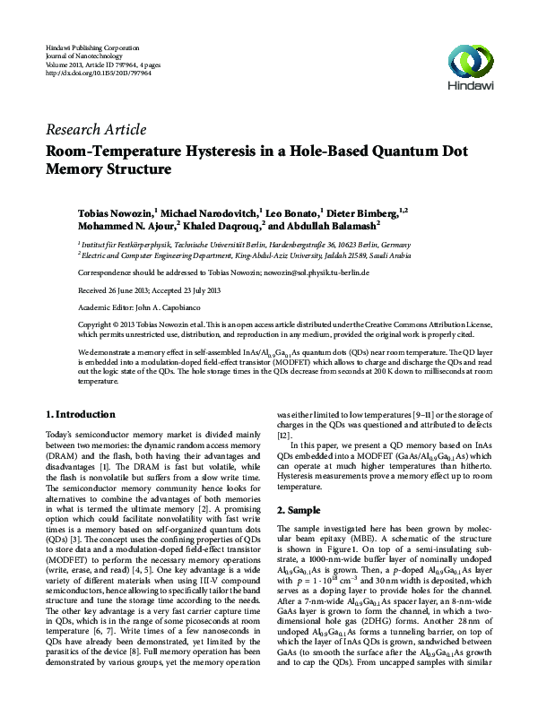 (PDF) Room-Temperature Hysteresis in a Hole-Based Quantum Dot Memory ...