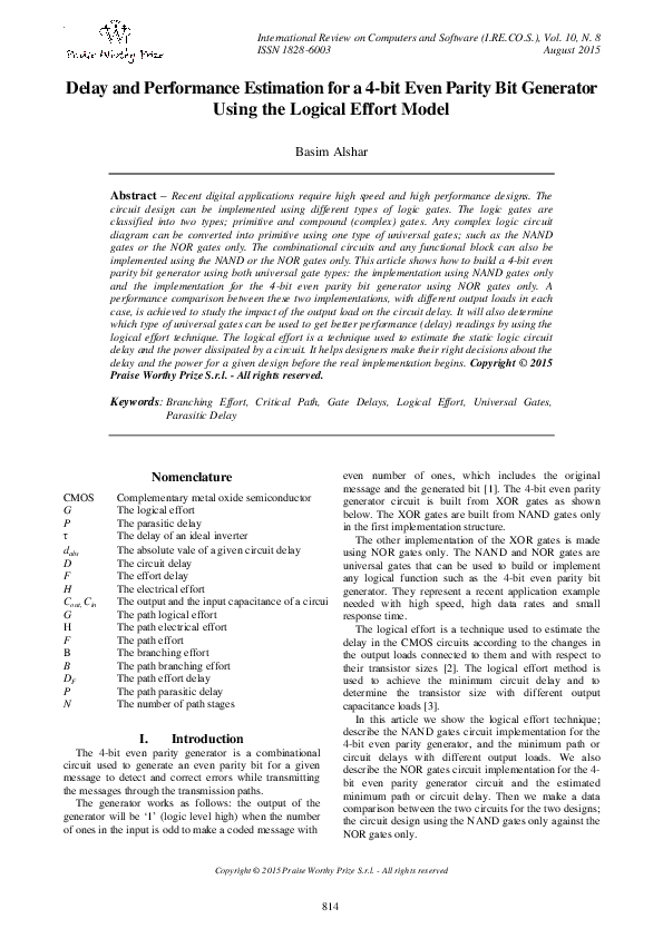 Pdf Delay And Performance Estimation For A 4 Bit Even Parity Bit Generator Using The Logical 5093