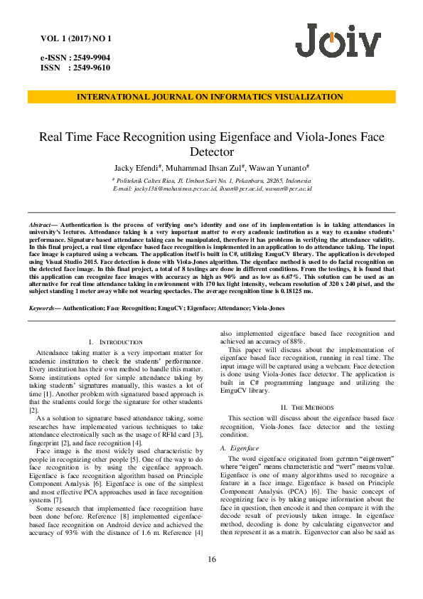 (PDF) Real Time Face Recognition using Eigenface and Viola-Jones Face Detector
