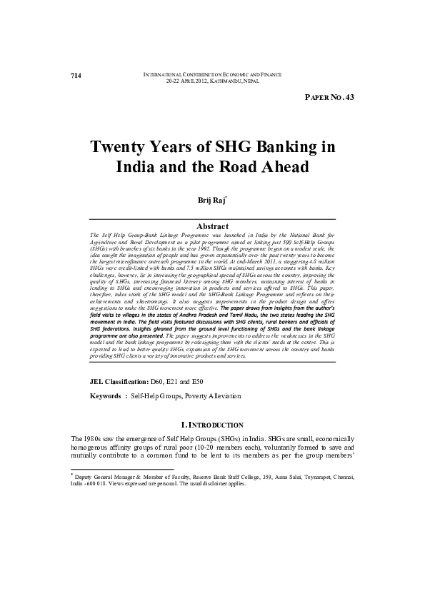 (PDF) Twenty Years of SHG Banking in India and the Road Ahead
