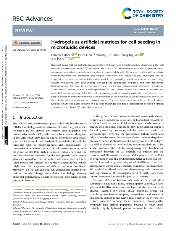 (PDF) Hydrogels as artificial matrices for cell seeding in microfluidic devices