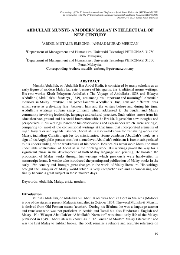 (PDF) Abdullah Munsyi - a modern Malay intellectual of new century
