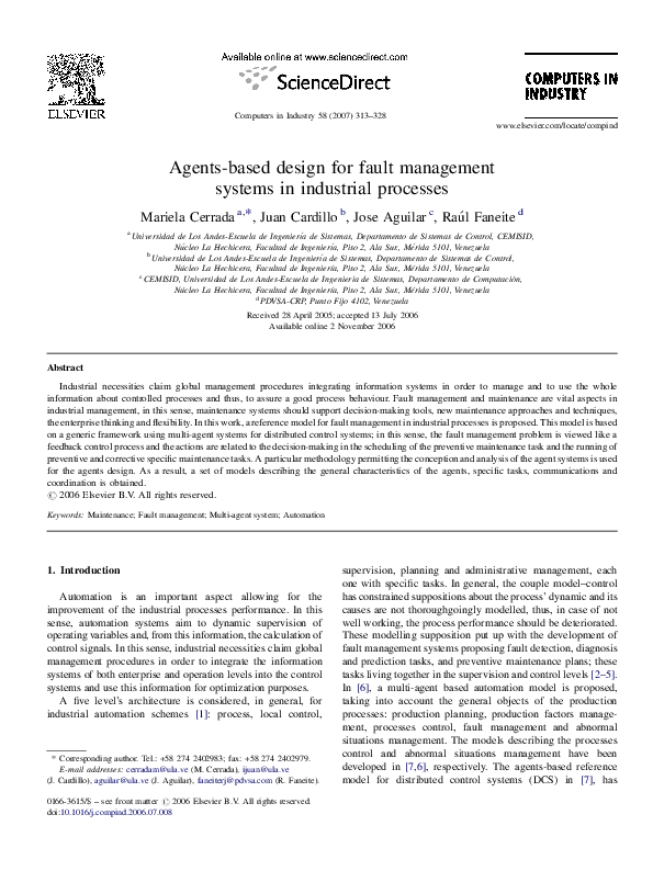 (PDF) Agents-based design for fault management systems in industrial processes | Juan Cardillo ...