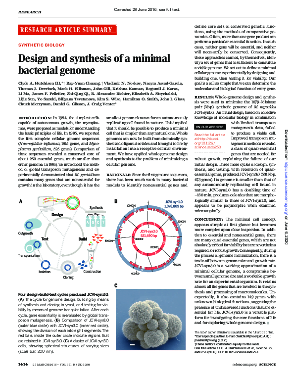 (PDF) Design and synthesis of a minimal bacterial genome