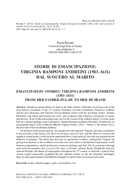 (PDF) Storie di emancipazione: Virginia Ramponi Andreini (1583-1631 ...