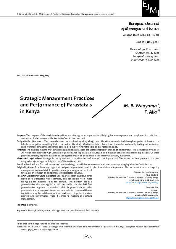 (PDF) Strategic Management Practices and Performance of Parastatals in Kenya