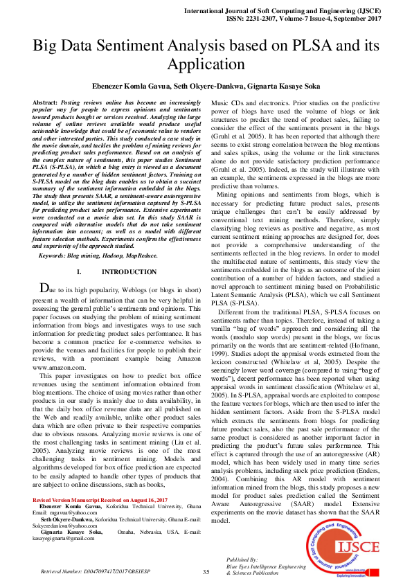 (PDF) Big Data Sentiment Analysis based on PLSA and its Application