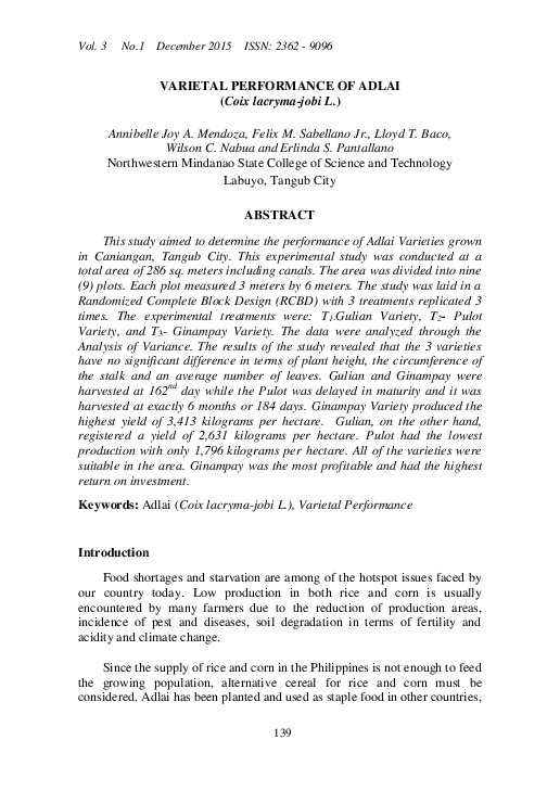 (PDF) VARIETAL PERFORMANCE OF ADLAI (Coix lacryma-jobi L