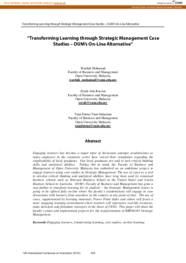 (PDF) Transforming learning through strategic management case studies : OUM's on-line alternative