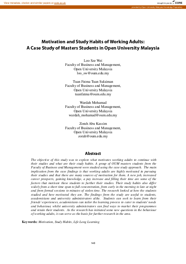 (PDF) Motivation and study habits of working adults : a case study of ...