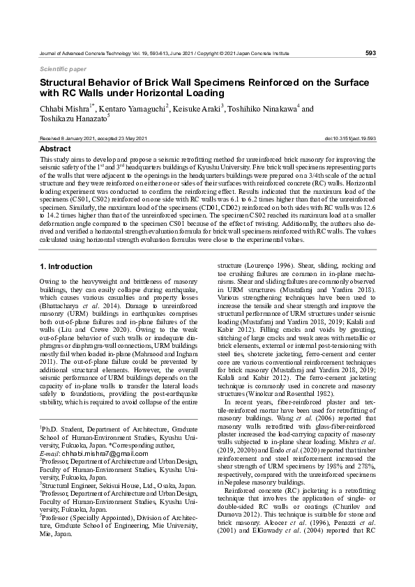 (PDF) Structural Behavior of Brick Wall Specimens Reinforced on the Surface with RC Walls under ...