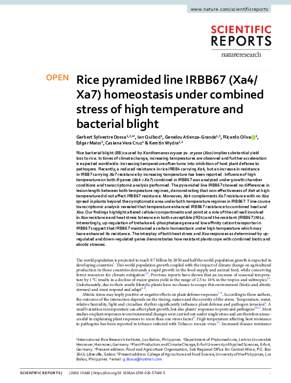 (PDF) Rice pyramided line IRBB67 (Xa4/Xa7) homeostasis under combined ...