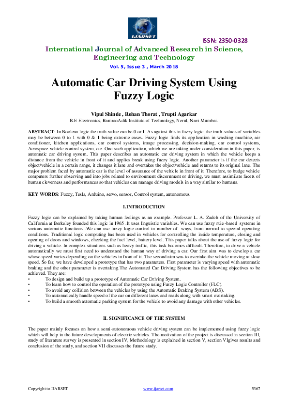 (PDF) Automatic Car Driving System Using Fuzzy Logic