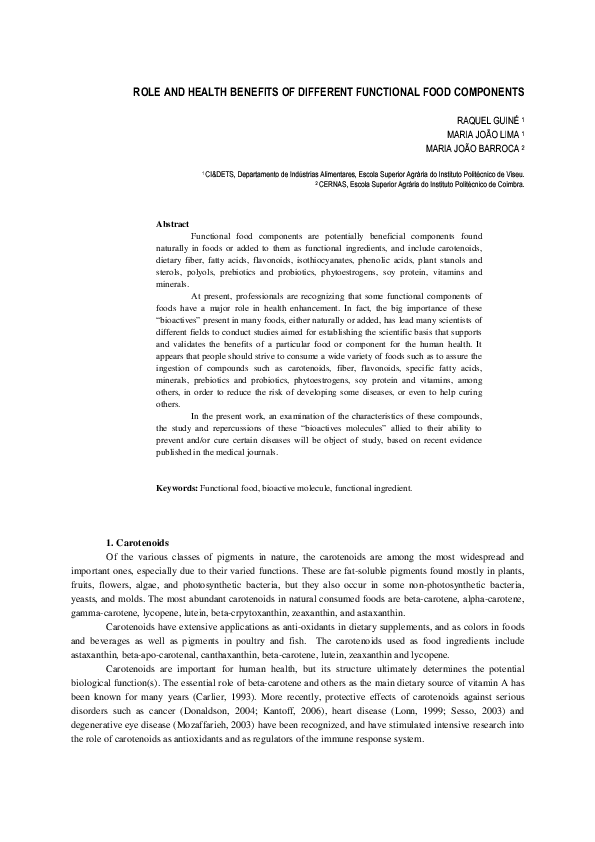 (PDF) Role and health benefits of different functional food components
