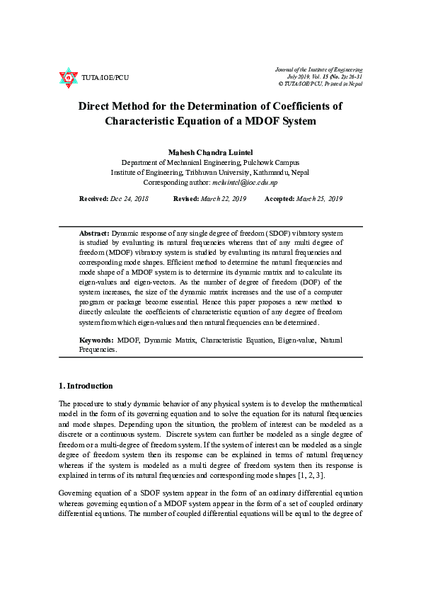 (PDF) Direct Method for the Determination of Coefficients of Characteristic Equation of a MDOF ...