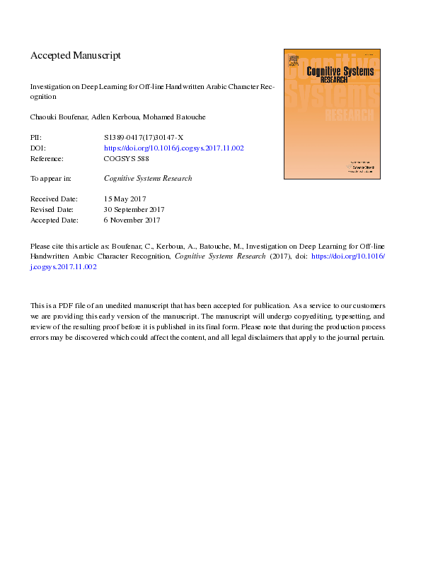 (PDF) Investigation on deep learning for off-line handwritten Arabic ... (PDF) Investigation on deep learning for off-line handwritten Arabic ...