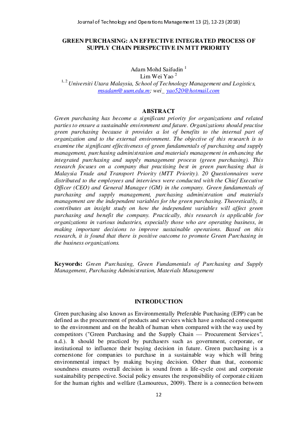 (PDF) Green purchasing: An effective integrated process of supply chain ...