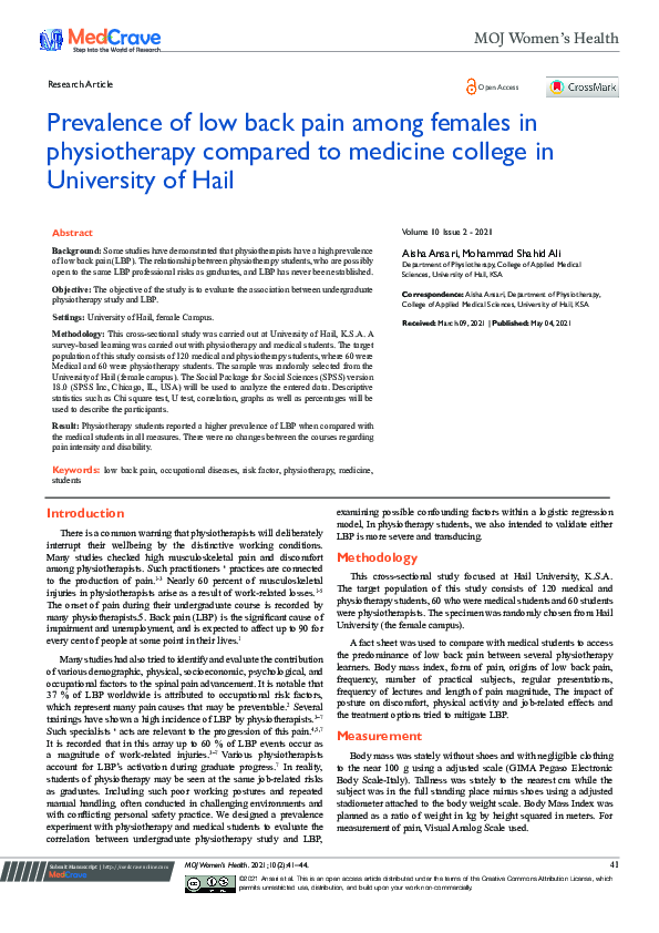 (PDF) Prevalence of low back pain among females in physiotherapy ...