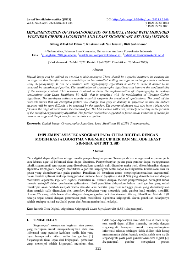 Pdf Implementation Of Steganography On Digital Image With Modified Vigenere Cipher Algorithm