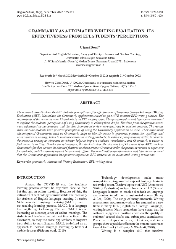 (PDF) Grammarly as Automated Writing Evaluation: Its Effectiveness from ...