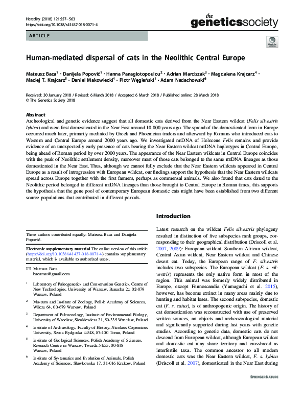 (PDF) Human-mediated dispersal of cats in the Neolithic Central Europe | Adam Nadachowski ...
