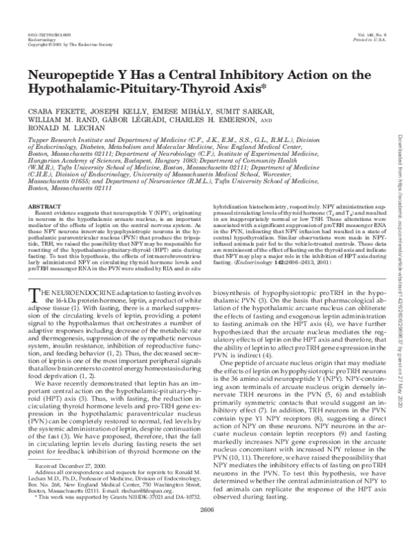(PDF) Neuropeptide Y Has a Central Inhibitory Action on the Hypothalamic-Pituitary-Thyroid Axis*