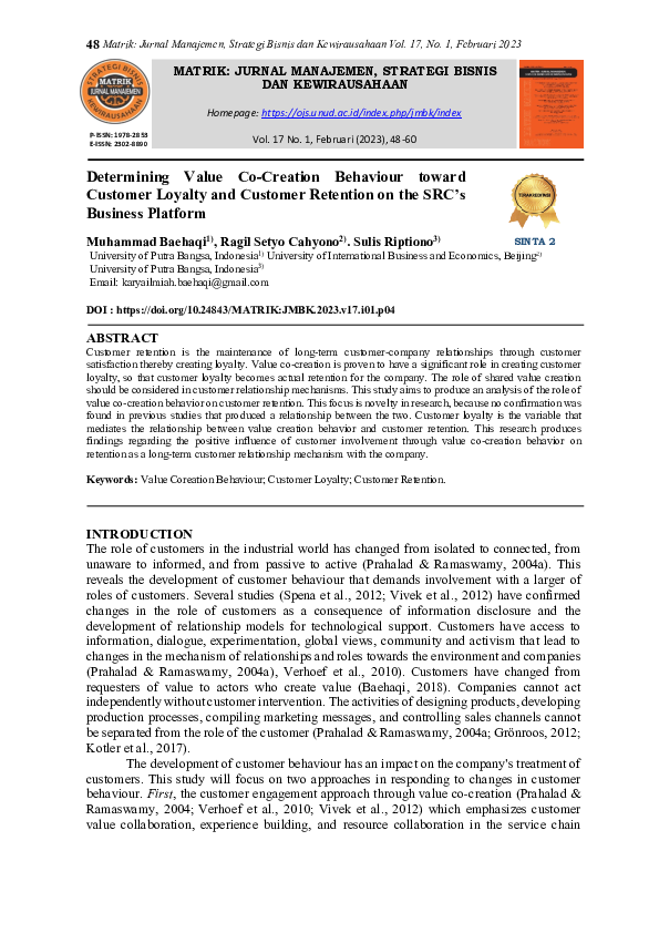 Pdf Value Co Creations Impact On Customer Loyalty