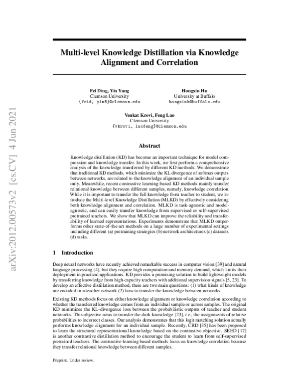 Pdf Multi Level Knowledge Distillation Via Knowledge Alignment And Correlation Venkat Krovi