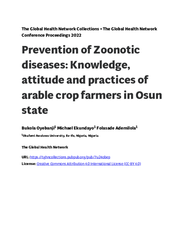 (PDF) Prevention of Zoonotic diseases: Knowledge, attitude and practices of arable crop farmers ...