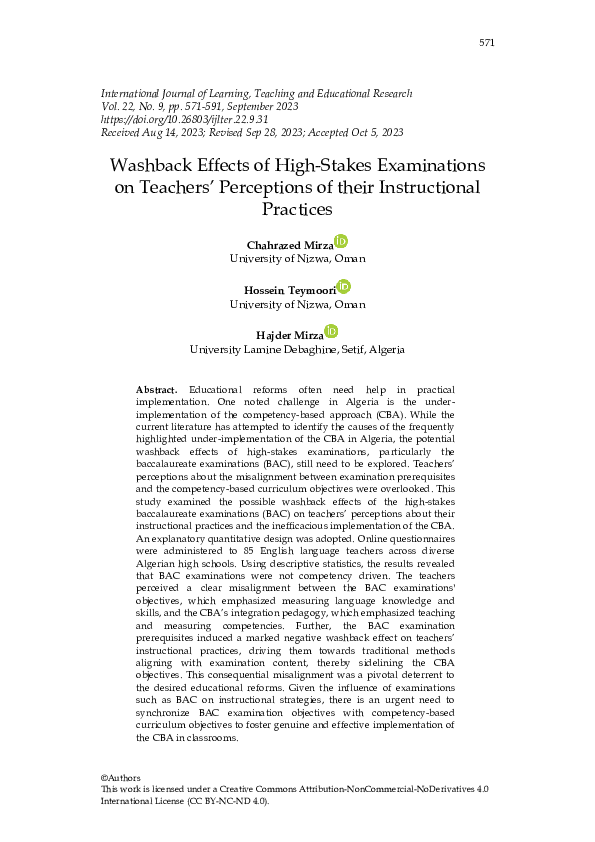 (PDF) Washback Effects of High-Stakes Examinations on Teachers' Perceptions of their ...