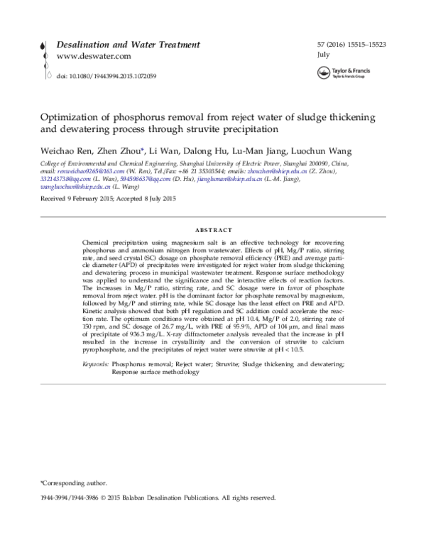 (PDF) Optimization of phosphorus removal from reject water of sludge ...
