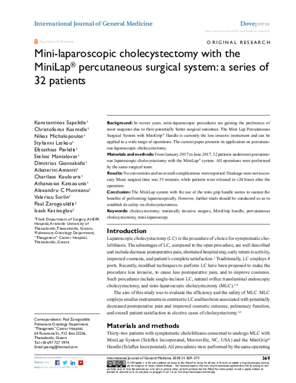 (PDF) Mini-laparoscopic cholecystectomy with the MiniLap ® percutaneous ...