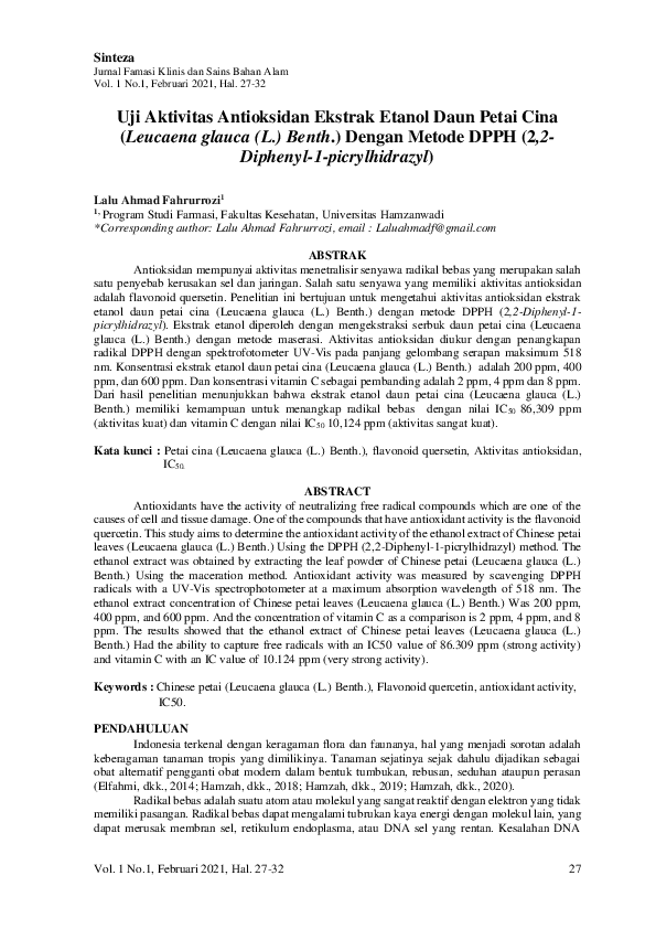 (PDF) Uji Aktivitas Antioksidan Ekstrak Etanol Daun Petai Cina ...