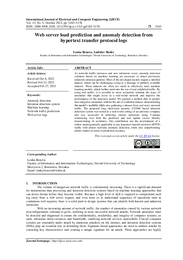 Pdf Web Server Load Prediction And Anomaly Detection From Hypertext Transfer Protocol Logs 