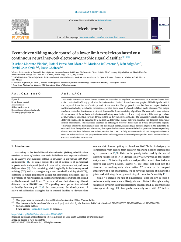 Pdf Event Driven Sliding Mode Control Of A Lower Limb Exoskeleton Based On A Continuous Neural