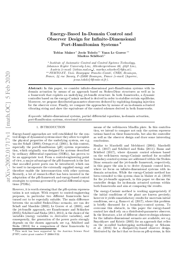 Pdf O C ] 5 F Eb 2 02 0 Energy Based In Domain Control And Observer Design For Infinite
